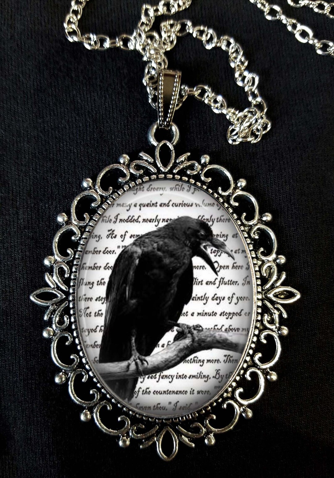 Edgar Allan Poe the Raven Script Large Antique Silver Pendant Necklace ...