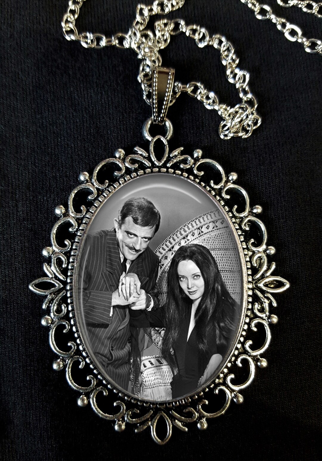 Morticia + Gomez Addams Family Large Antique Silver Pendant Necklace Earrings 60s TV Series Goth ...