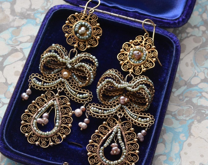 Antique Georgian Filigree Pendeloque Earrings, Pearl and 18ct Gold. - Etsy