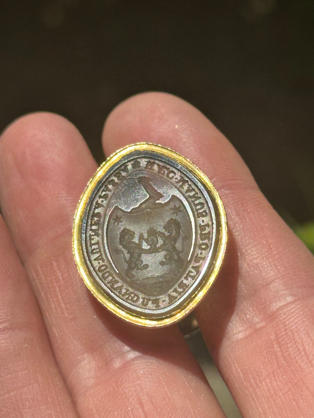 Antique Georgian Chalcedony Intaglio Seal: 15ct Gold & Silver Armorial ...