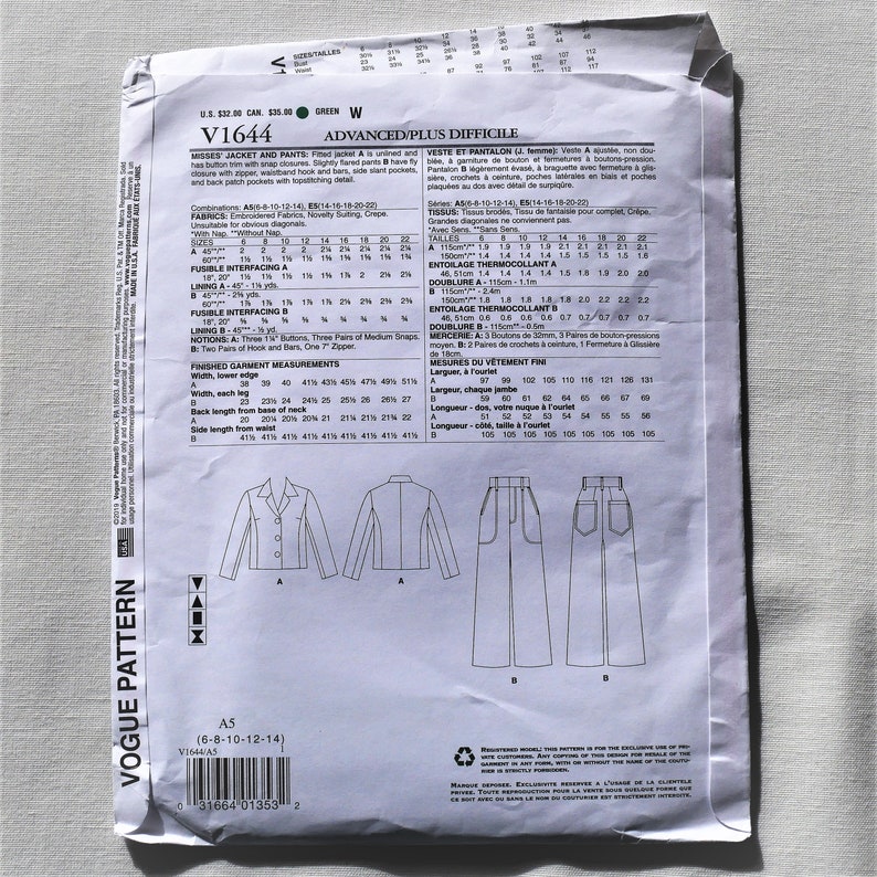 Jacket and Pants Pattern, Vogue 1644, American Designer by Kathryn ...