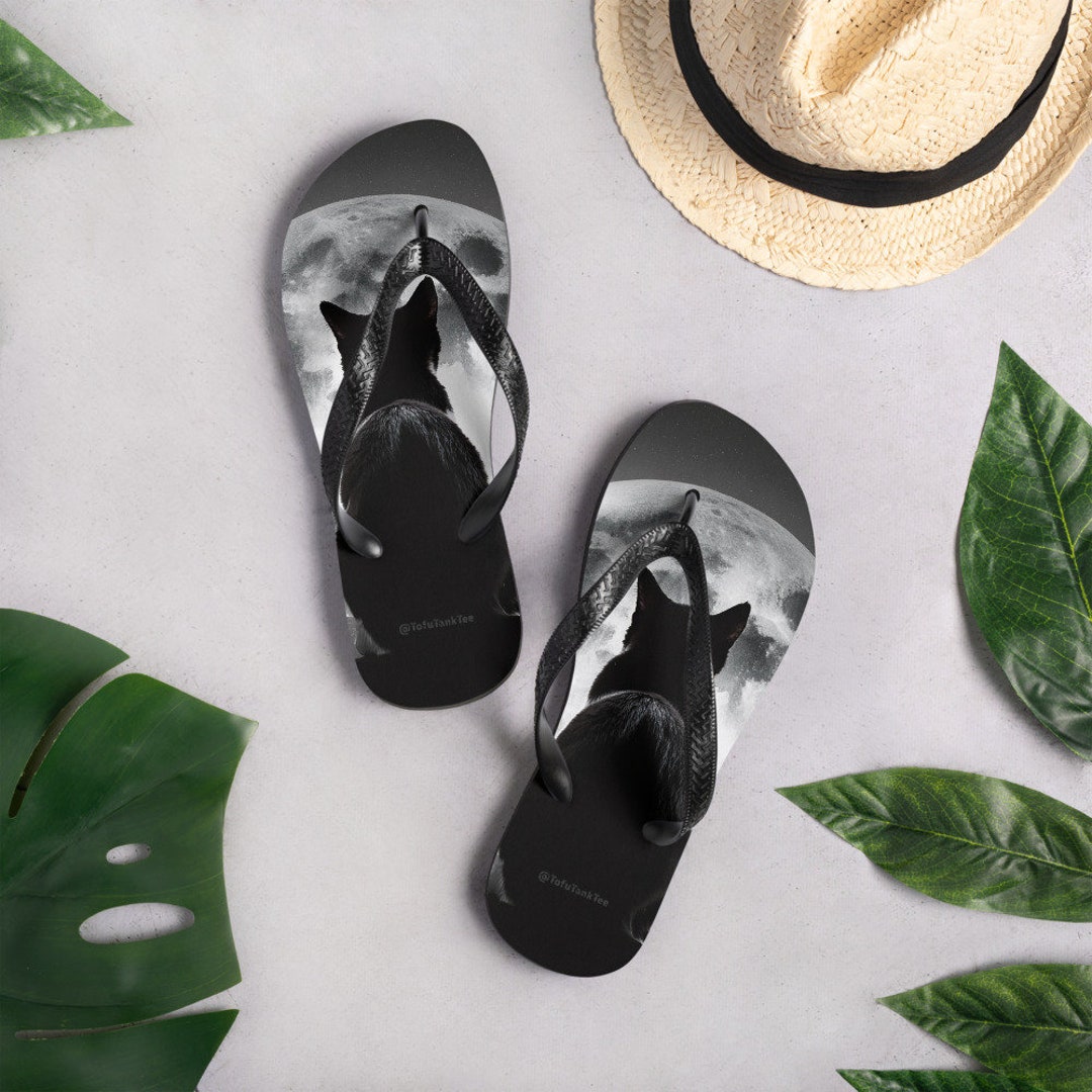 Black CAT and Full Moon FLIP-FLOPS, Black White Unisex Men's Women's ...