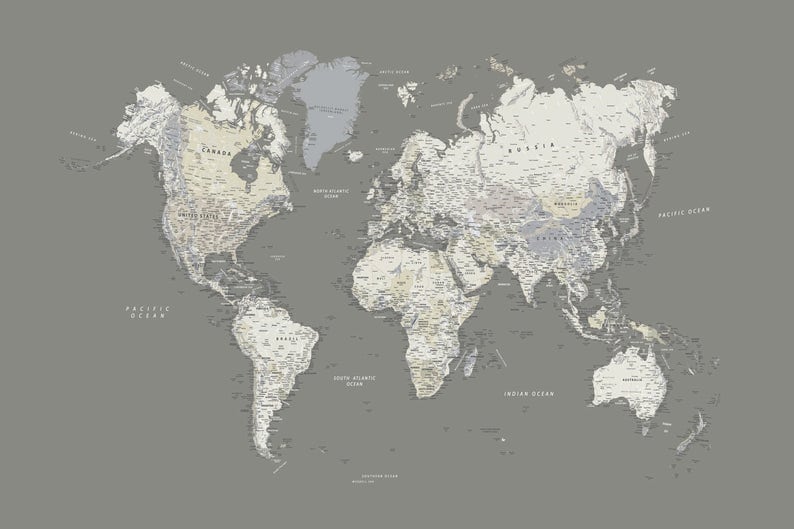 Gray Printable World Map Art, Compass Live, Map of the World Large ...