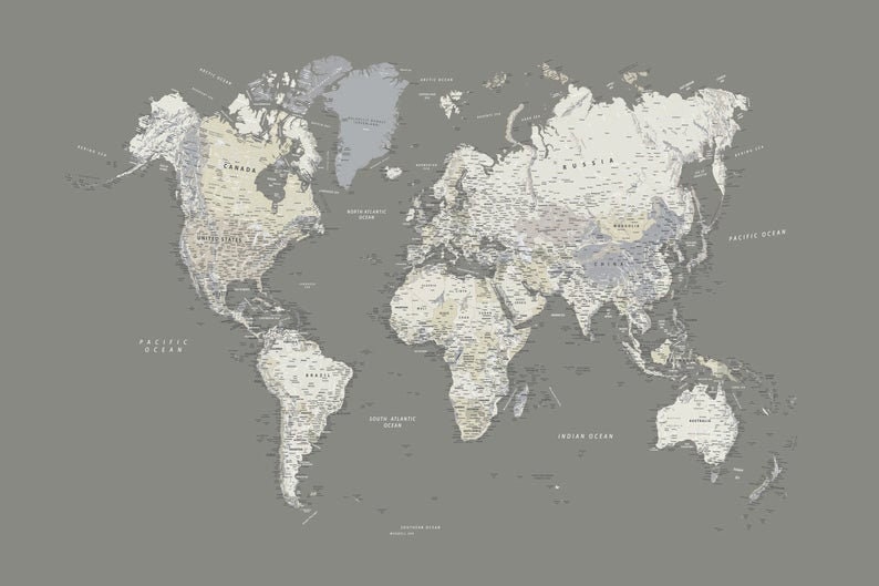 Gray Printable World Map Art, Compass Live, Map of the World Large ...