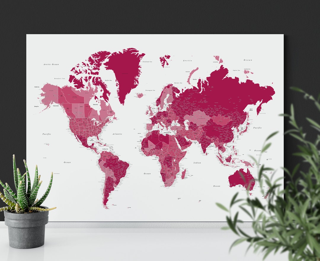 Pink Printable World Map, World Large Downloadable Print Dorm Decor ...
