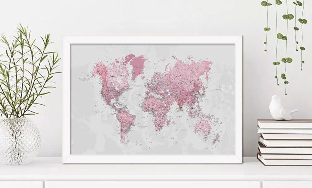 Pink Printable World Map Art in Blush and Hunter Green Map of the World ...