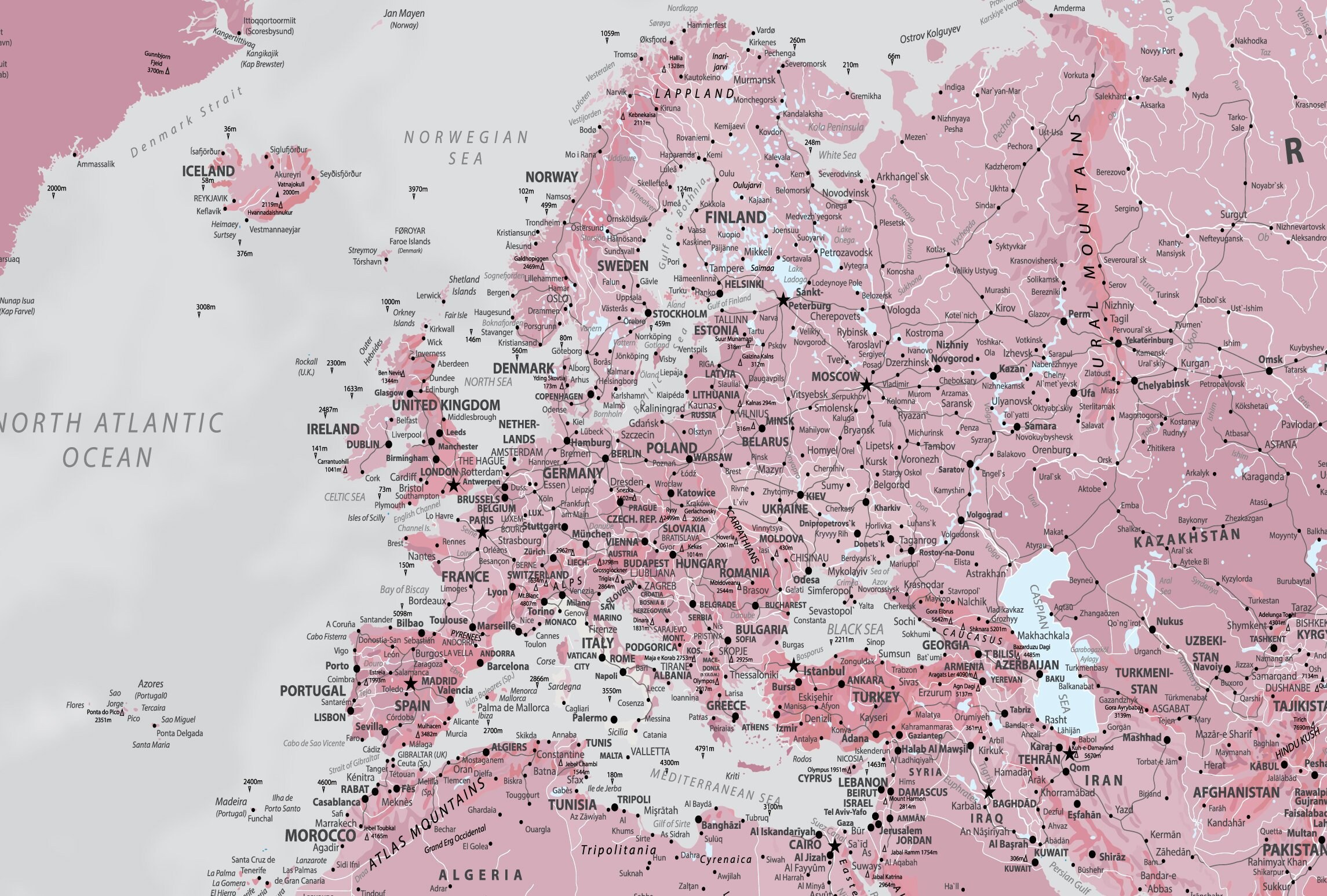 Pink Printable World Map Art in Blush and Hunter Green Map of the World ...