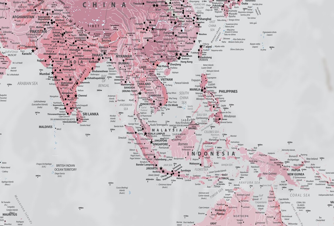 Pink Printable World Map Art in Blush and Hunter Green Map of the World ...