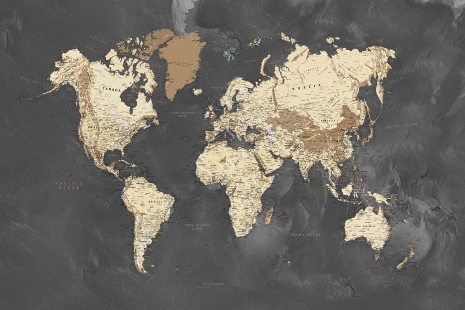 Dark Printable World Map Art, Yellow Map of the World Large ...