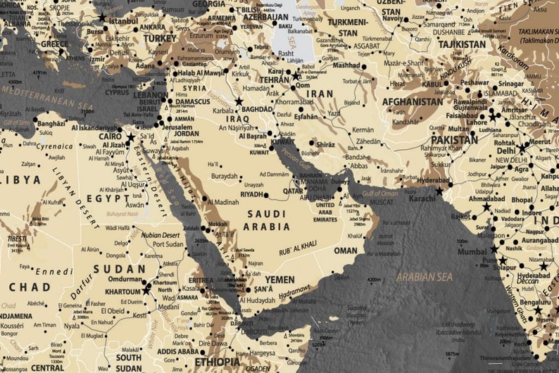 Dark Printable World Map Art, Yellow Map of the World Large ...