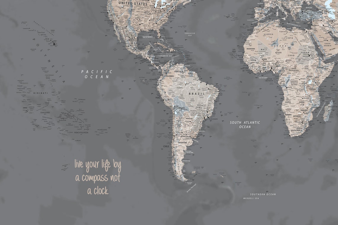Gray Printable World Map Art, Compass Live, Map of the World Large ...