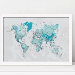 Turquoise Printable World Map Art in Blush and Hunter Green Map of the ...