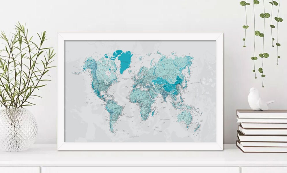 Turquoise Printable World Map Art in Blush and Hunter Green Map of the ...