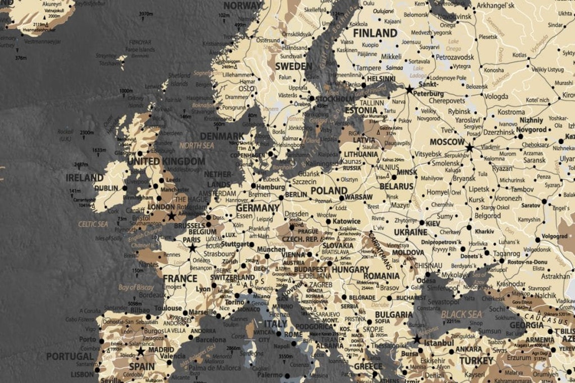 Dark Printable World Map Art, Yellow Map of the World Large ...