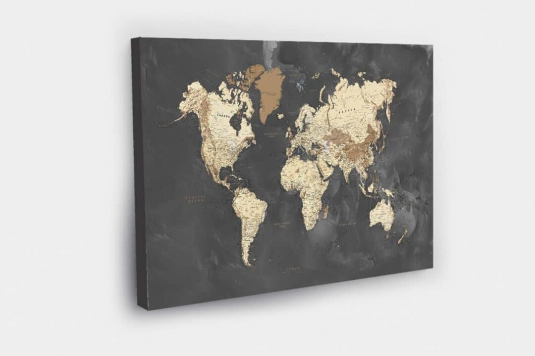 Dark Printable World Map Art, Yellow Map of the World Large ...