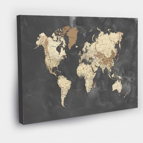Dark Printable World Map Art Yellow Map of the World Large - Etsy