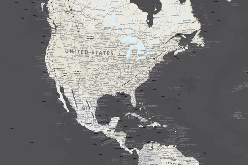 Dark Gray Printable World Map, World Map Print on Canvas, Map of the ...