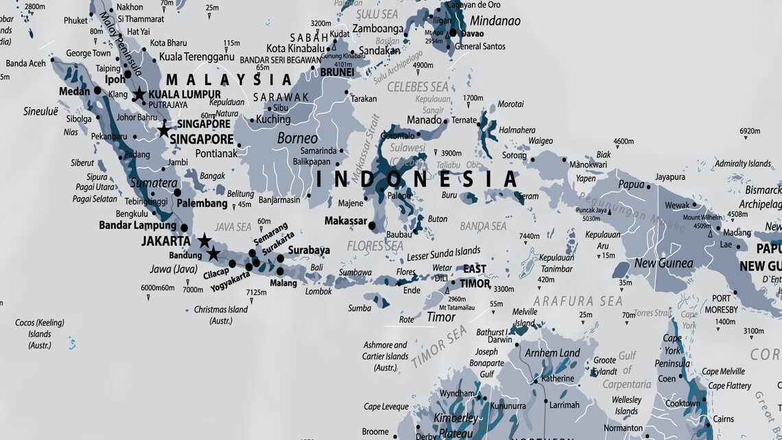 Detailed Printable World Map Art in Blush and Hunter BLUE Map of the ...