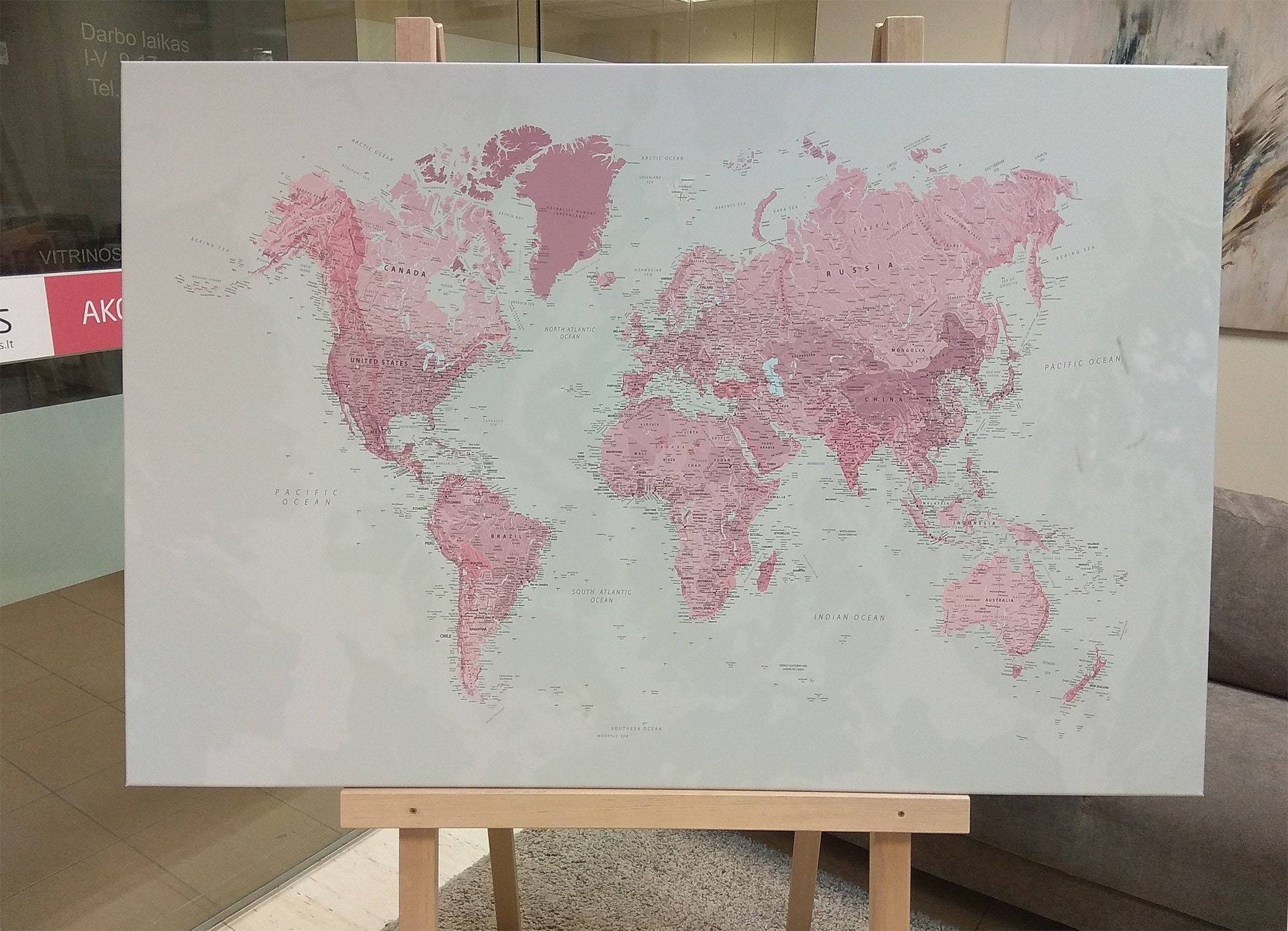 Pink Printable World Map Art in Blush and Hunter Green Map of the World ...