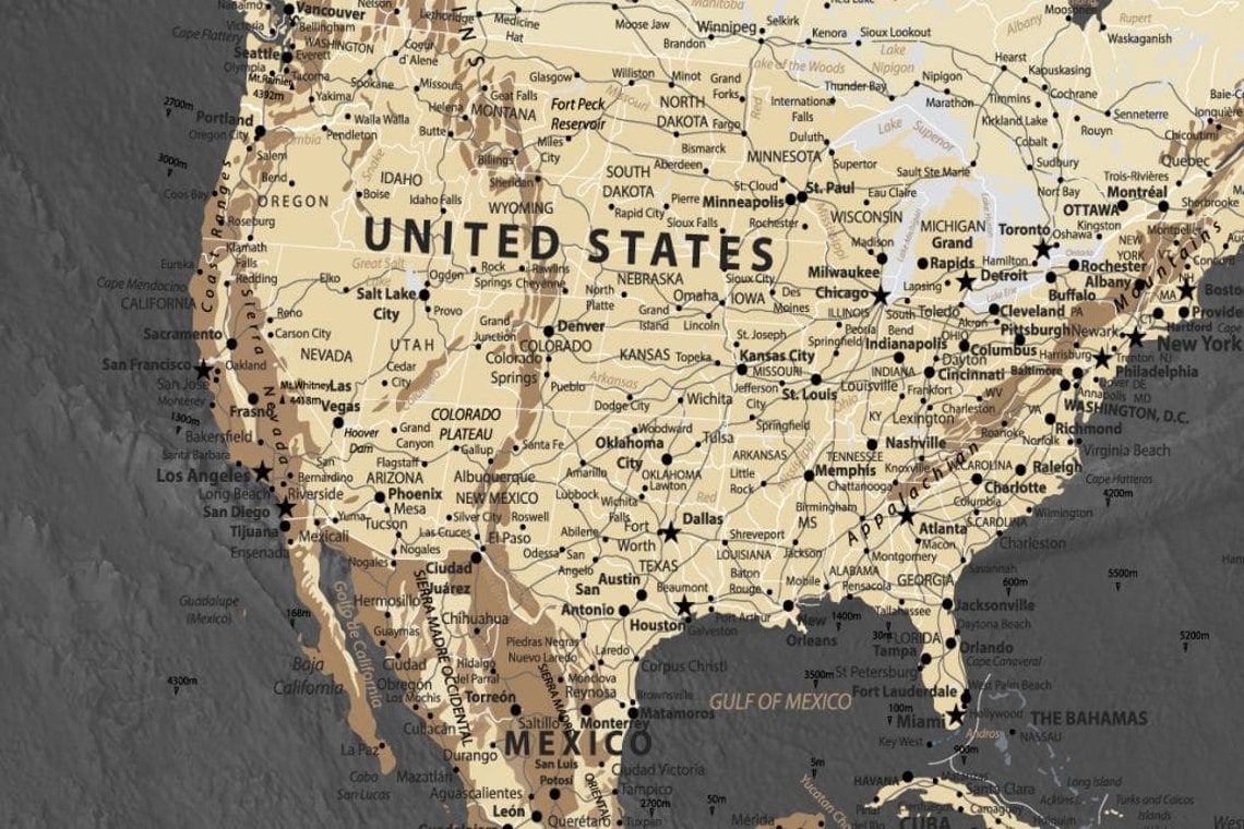 Dark Printable World Map Art, Yellow Map of the World Large ...