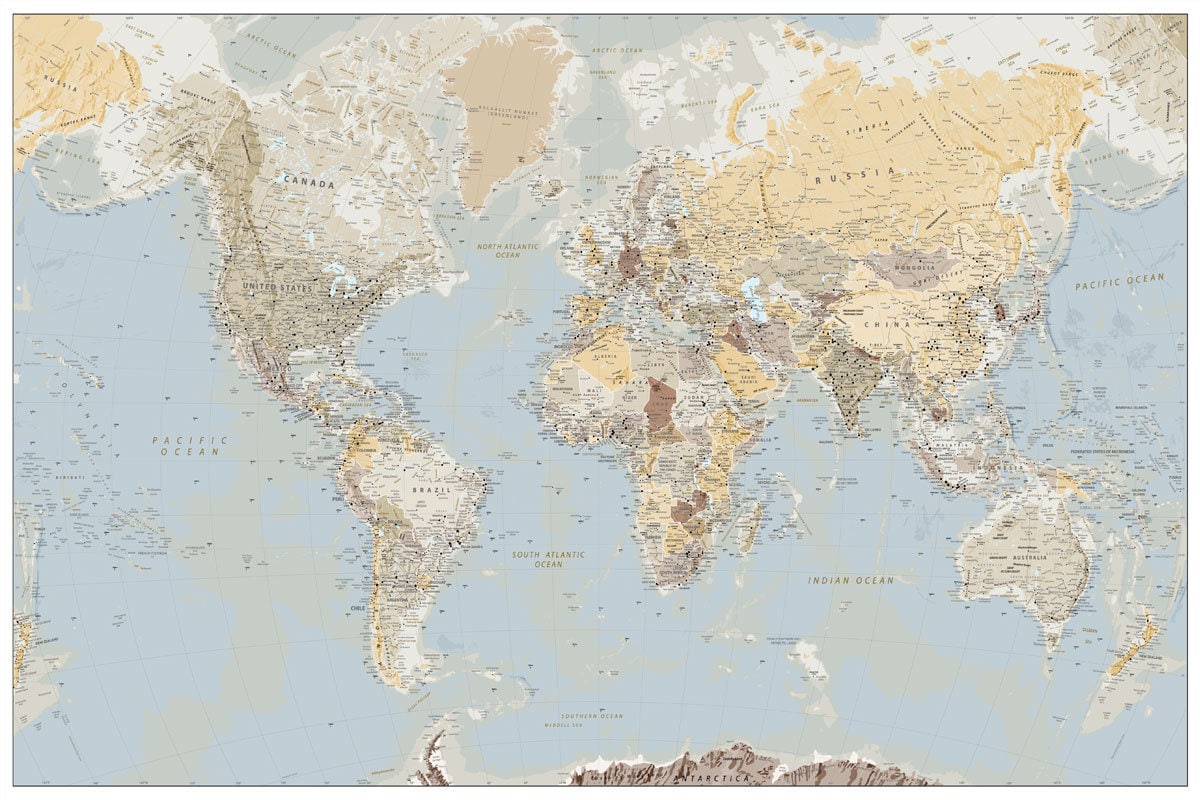 Detailed Printable World Map Art in Blush and Hunter Green Map - Etsy