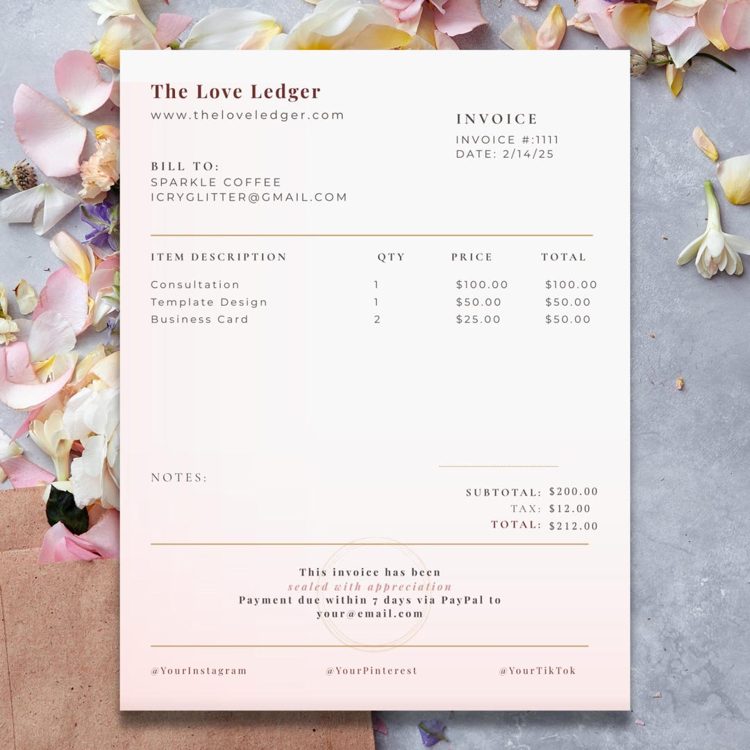 The Love Ledger - Romantic Luxe Invoice Template | Editable in Canva - Etsy