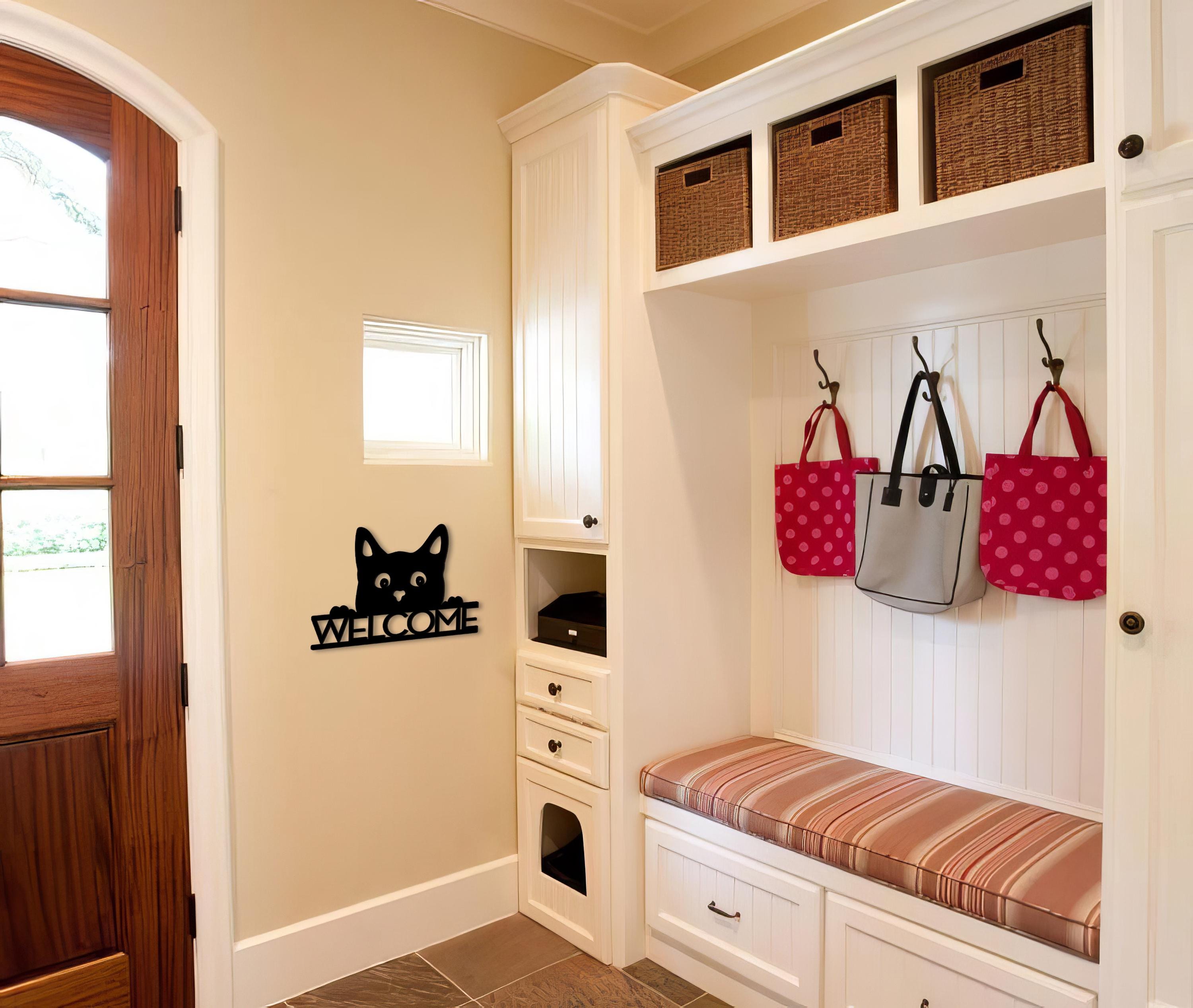 Cat Welcome Sign, Entryway Decor, Modern Wooden Welcome Sign, Cat Lover ...