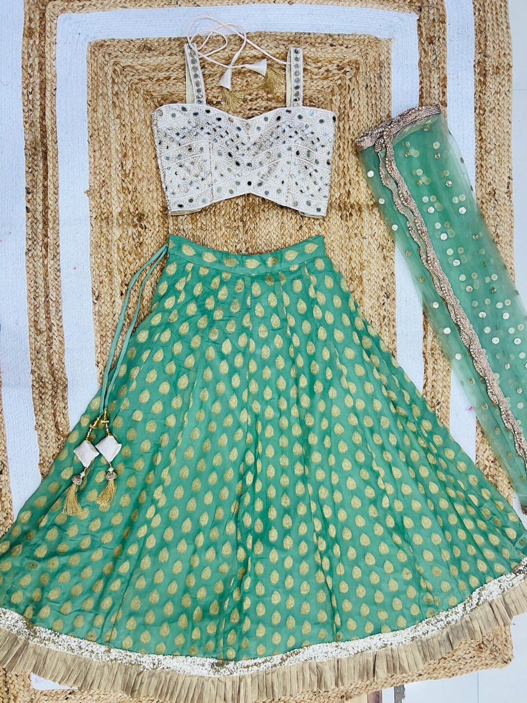 Elegant Green and Gold Lehenga Choli Set Mirror Work Blouse Traditional ...