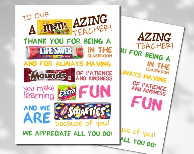 Teacher Appreciation Gift Ideas Printable Candy Gram Poster, Teacher ...