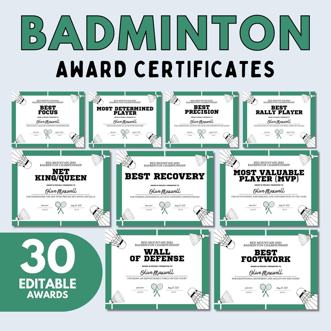 Badminton Award Certificates Editable in Canva, End of Season Badminton ...