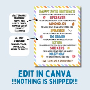 50th Birthday Candy Bar Poster Editable in Canva, Personalized ...
