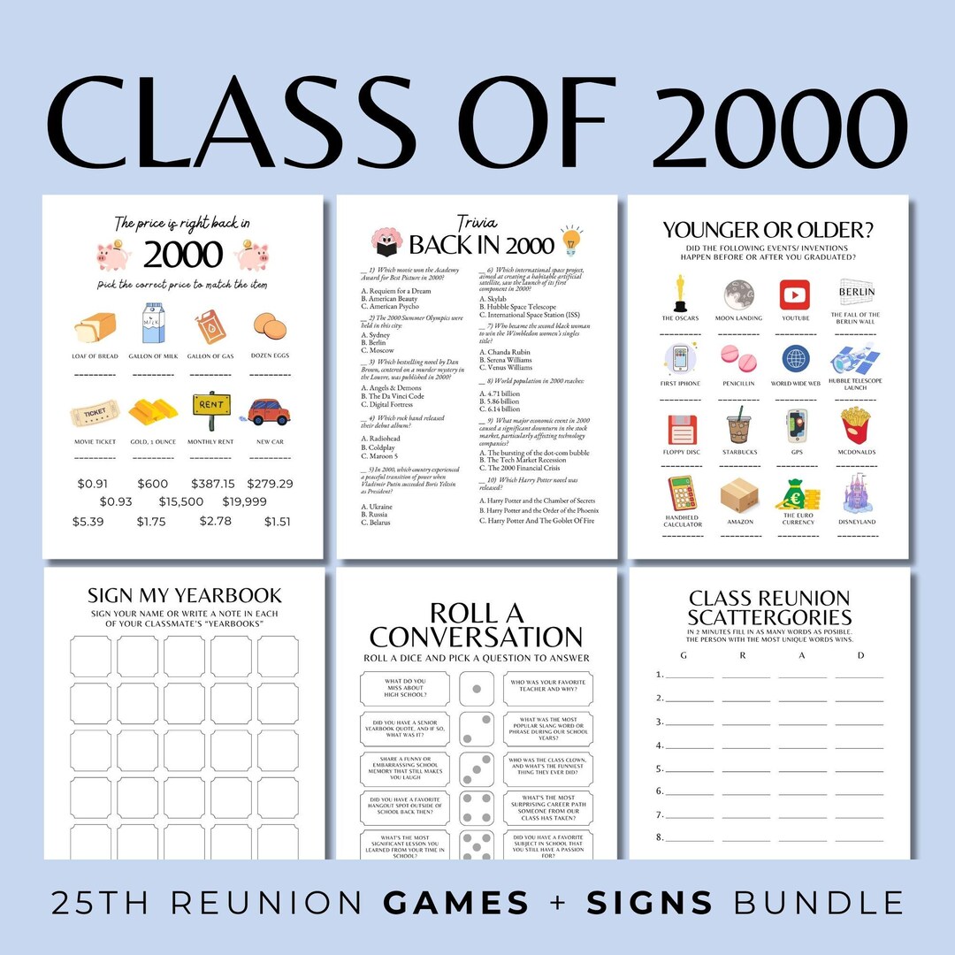 25th Class Reunion Games + Welcome Signs Bundle, Class of 2000 Poster ...