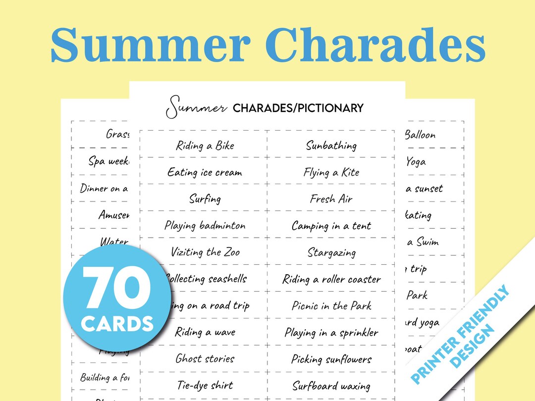Printable Charades Game, 70 Summer Action Charades Cards, Pictionary ...
