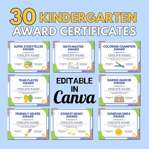 30 Fun Kindergarten Award Certificates Editable in Canva, Cute End of ...