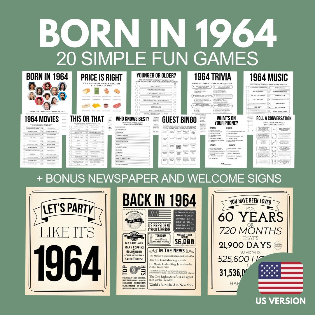 60th Birthday Games Bundle, Born in 1964 Party Games, 60th Birthday ...