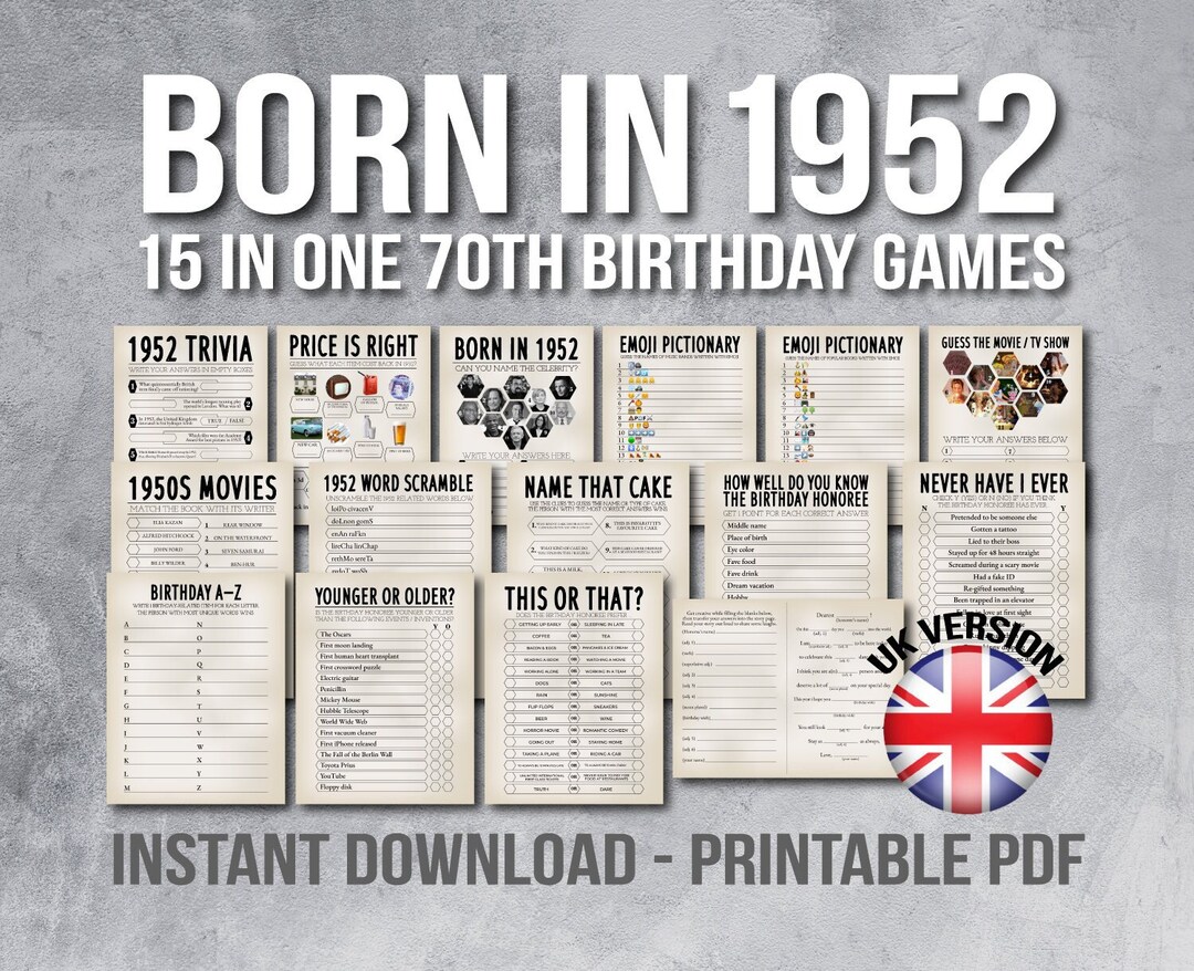 Printable 71st Birthday Party Games, Born in 1952 Game Bundle, 1952 ...