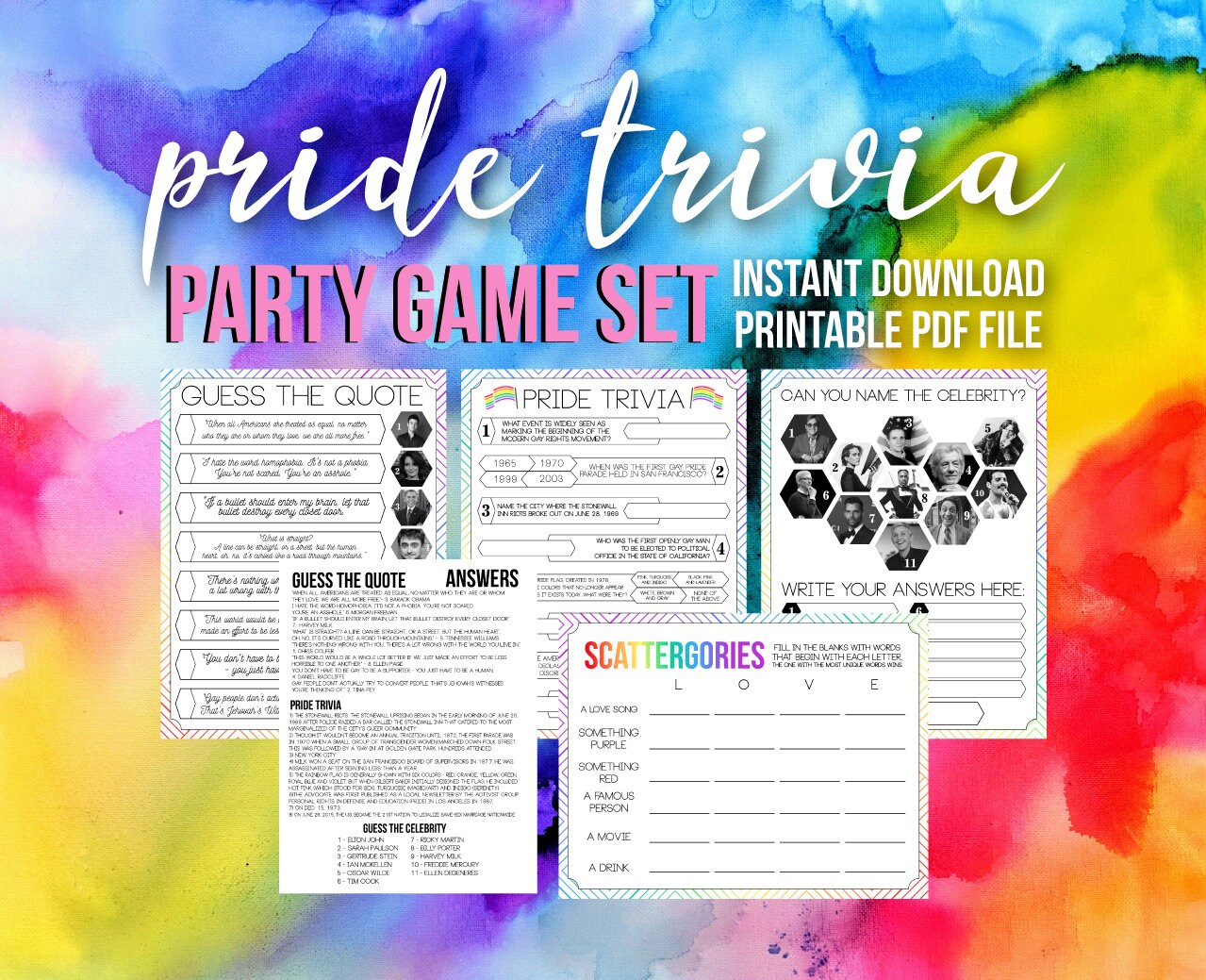 Gay Lesbian Party Games Printable Pride History Quiz LGBTQ+ Pride Party ...
