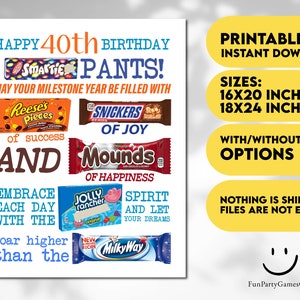 40th Birthday Candy Poster Printable Party Decor Candy Gram - Etsy
