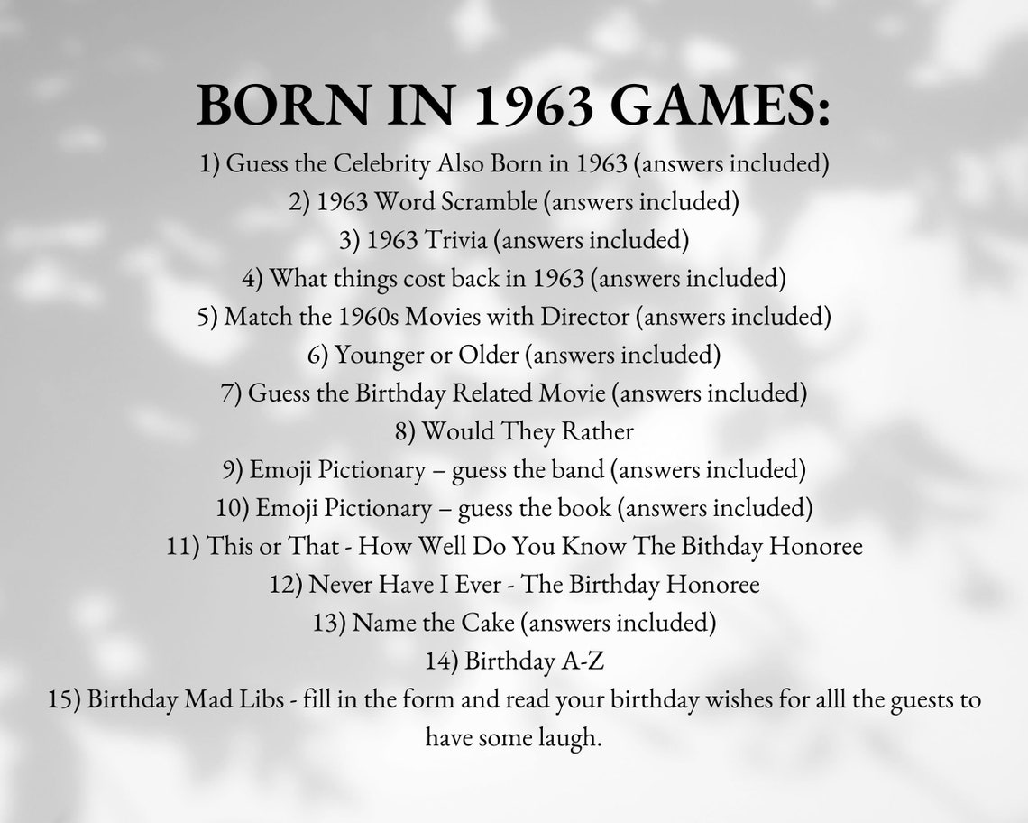 Printable 60th Birthday Party Games Born in 1963 Games - Etsy Australia