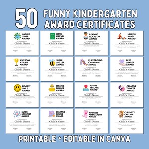 Funny Kindergarten Awards Certificates Editable in Canva, End of School ...