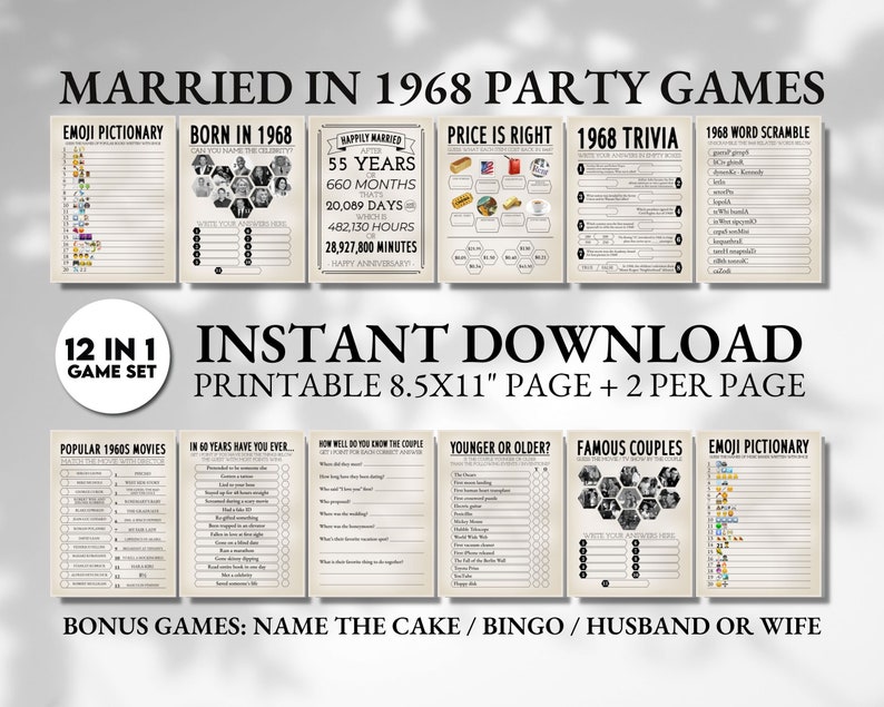 55th Anniversary Party Games Married in 1968 Games Bundle - Etsy