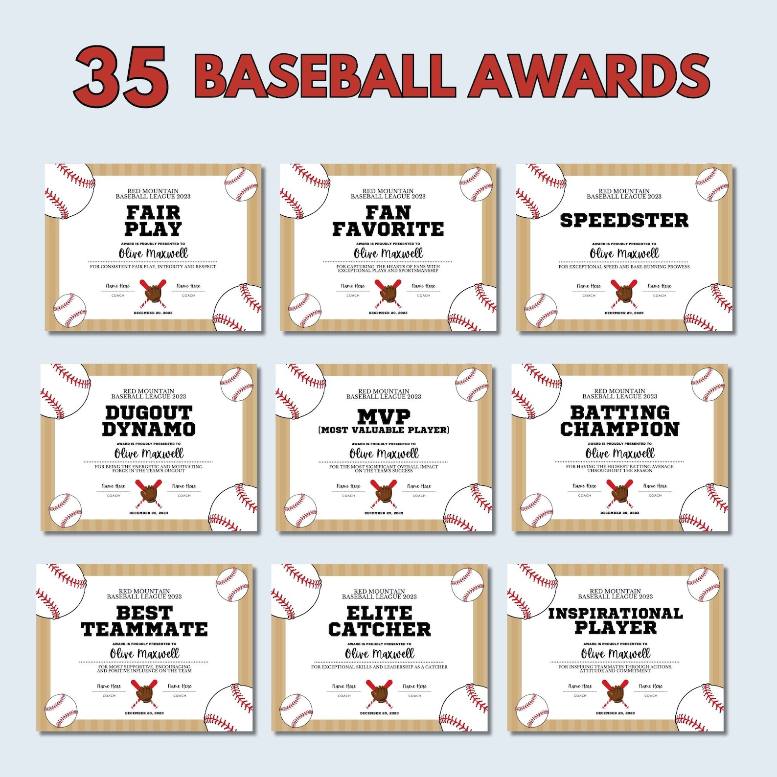 Baseball Team Award Certificates Editable in Canva, End of Season ...