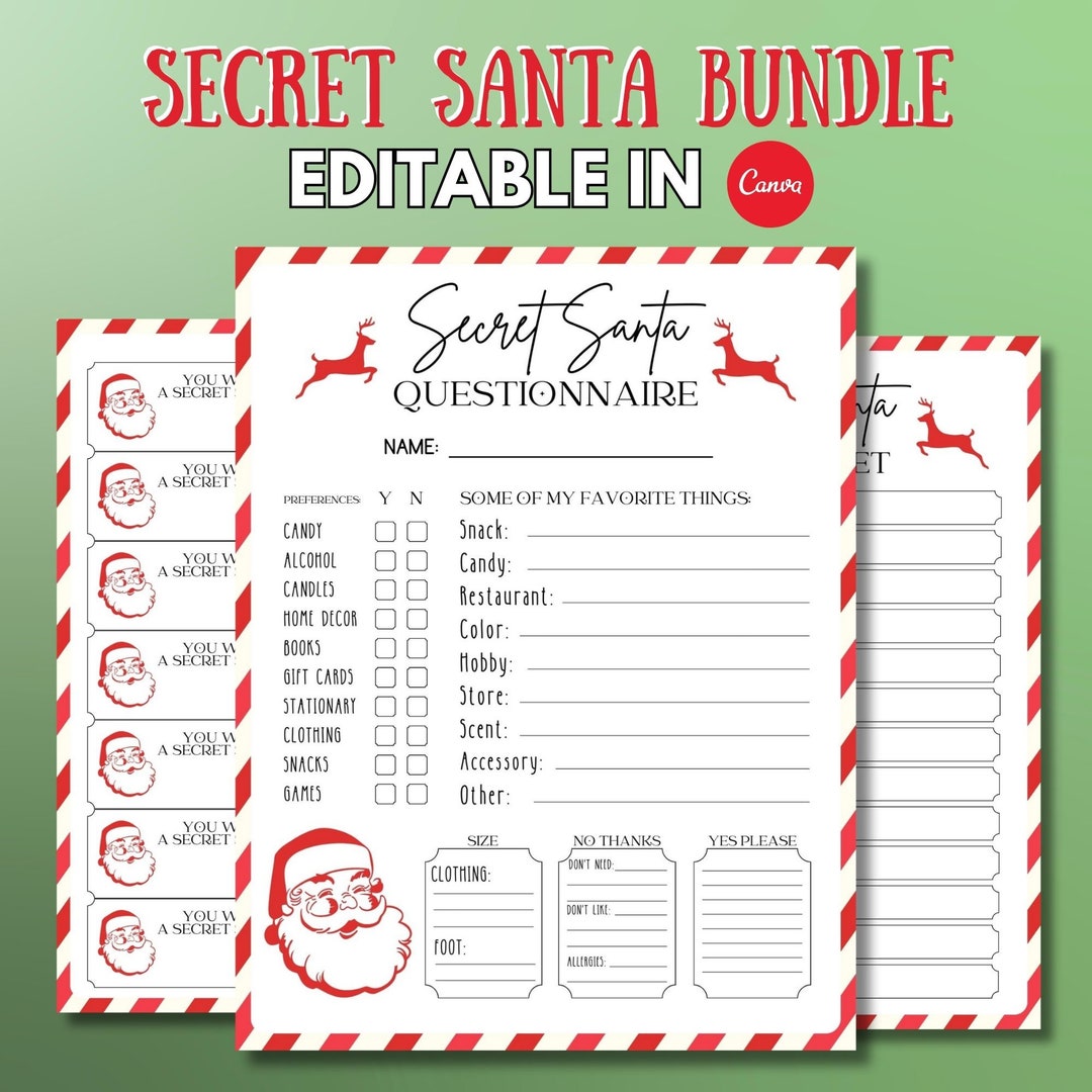 Secret Santa Questionnaire Bundle Editable in Canva Coworker - Etsy