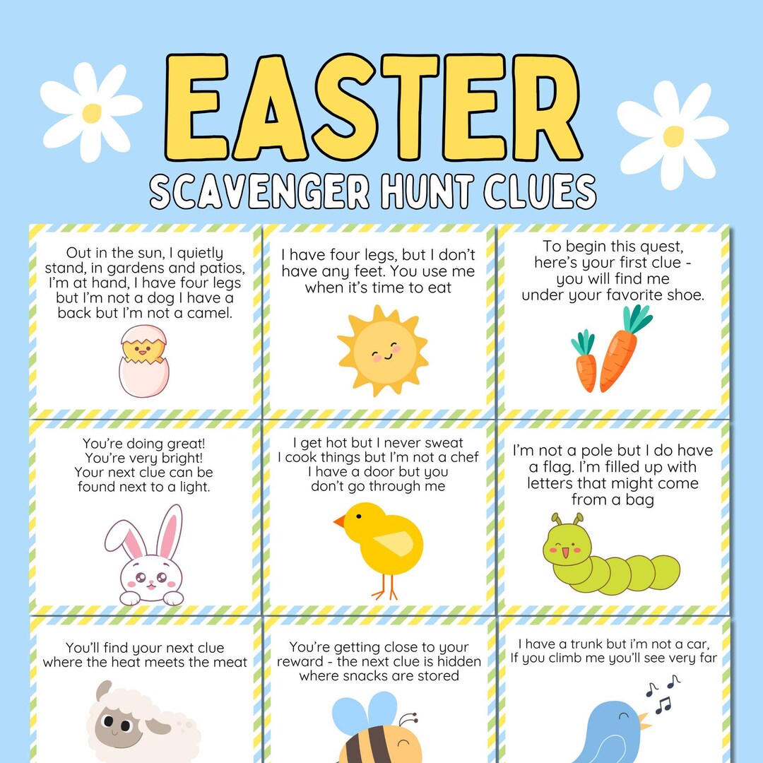 Easter Egg Scavenger Hunt Clues, Printable Treasure Hunt for Kids ...