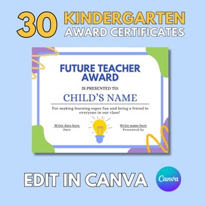 30 Fun Kindergarten Award Certificates Editable in Canva, Cute End of ...