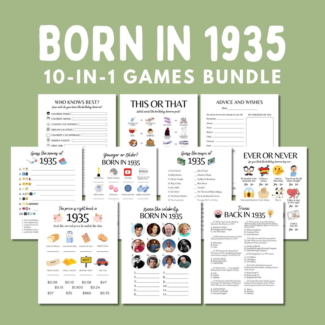 90th Birthday Games Bundle, Born in 1935, Fun Printable Party Games for ...