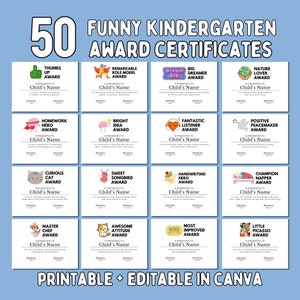 Funny Kindergarten Awards Certificates Editable in Canva, End of School ...