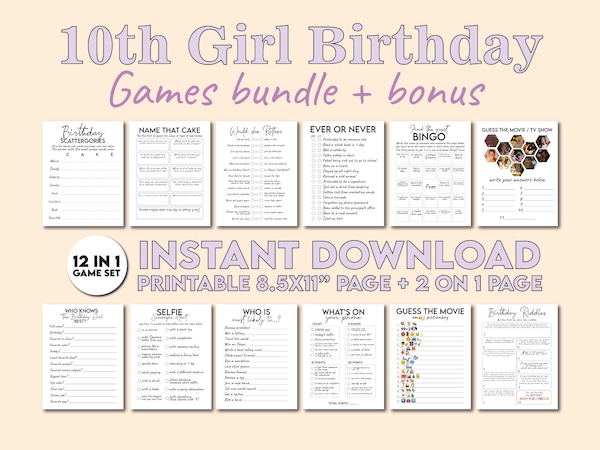 10th Birthday Party Games, Printable Tenth Birthday Game Bundle With ...