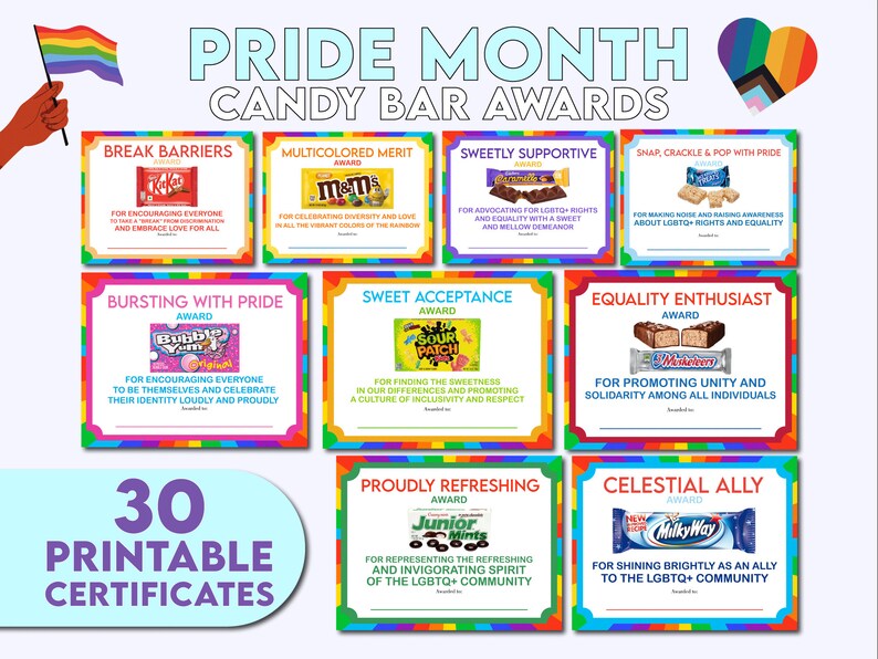 30 Pride Candy Bar Award Certificates Coworker Candy Bar Pride - Etsy