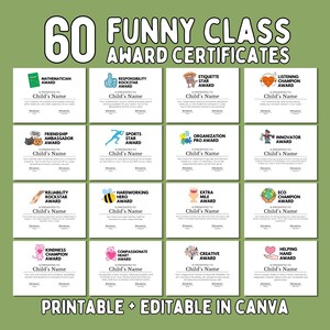 Funny Classroom Awards Certificates Editable in Canva, End of School ...